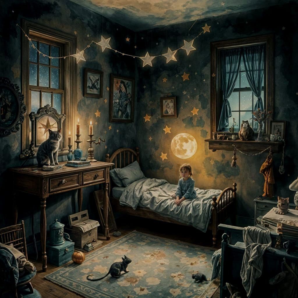 Indoor Stars - Whimsical Kidcore Scene in Watercolor with St...