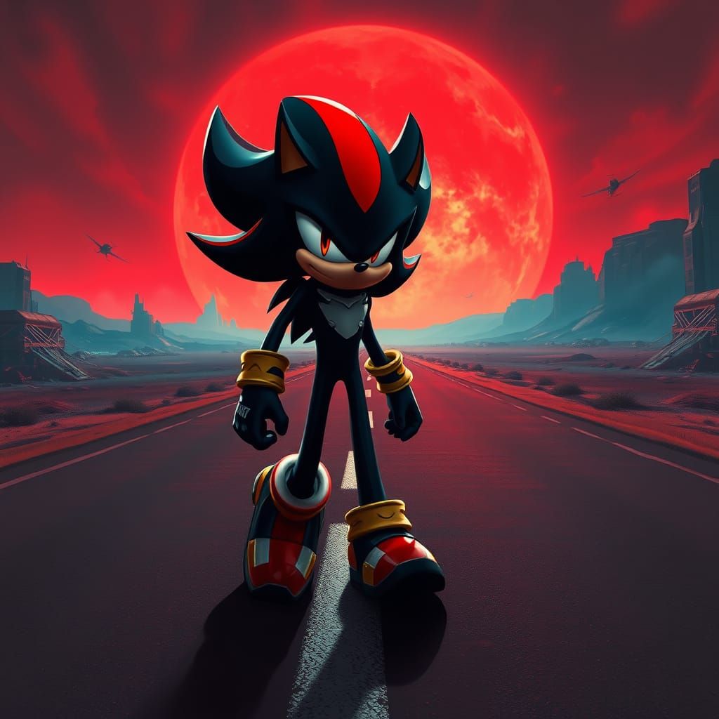 Shadow the Hedgehog Walks the Futuristic Highway - AI Art