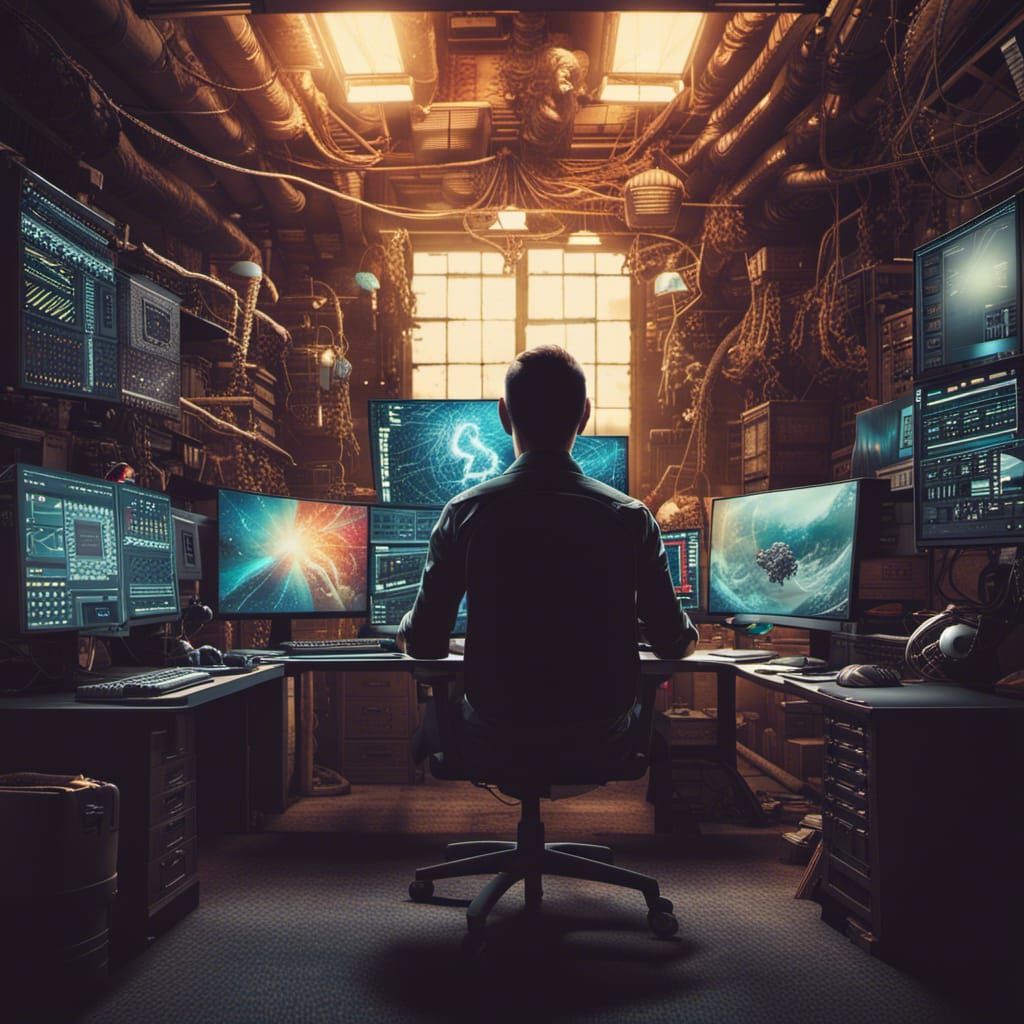 a software engineer sitting in a dark room with a computer with 3 ...