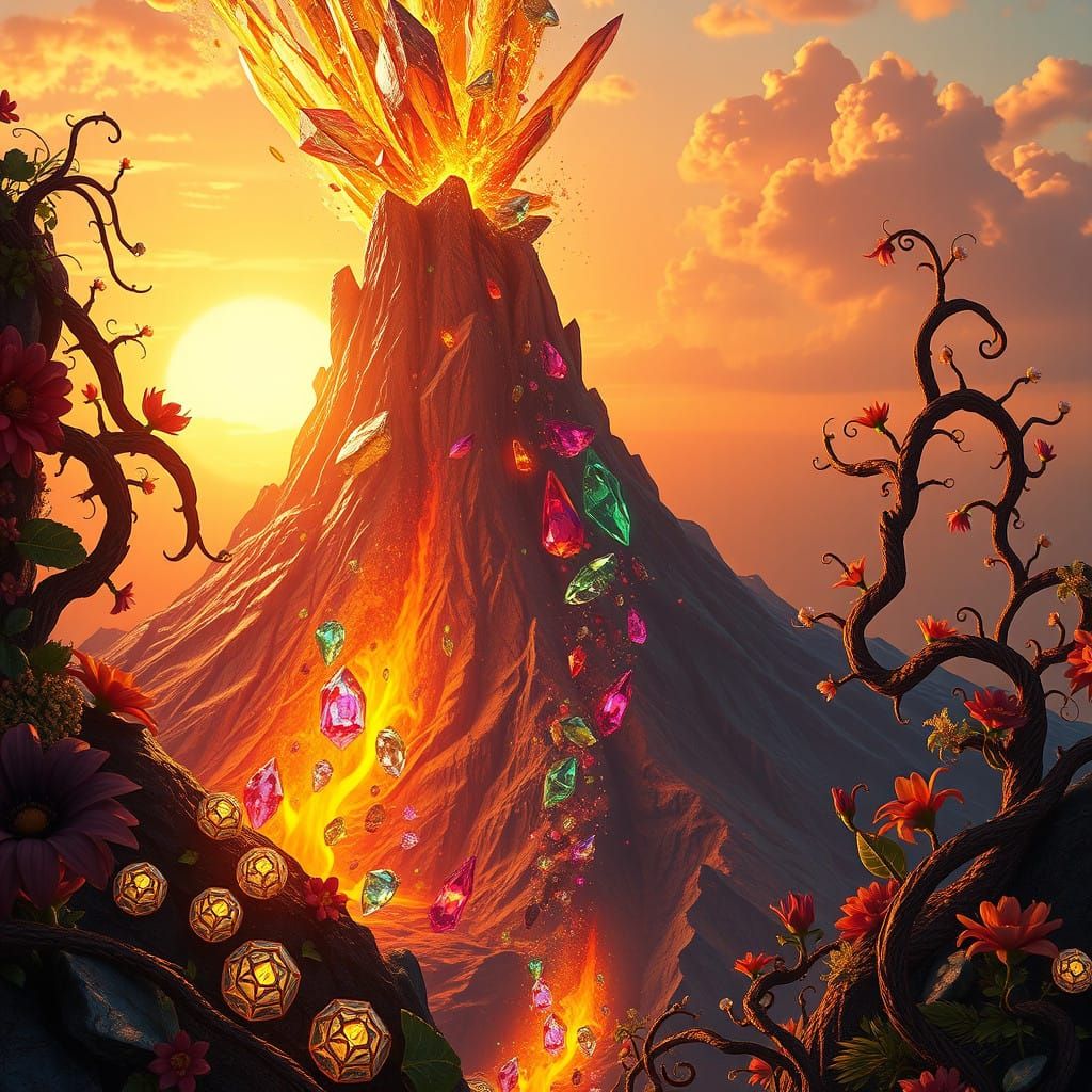 Majestic Golden Volcano Erupts with Gemstones and ... - AI Art