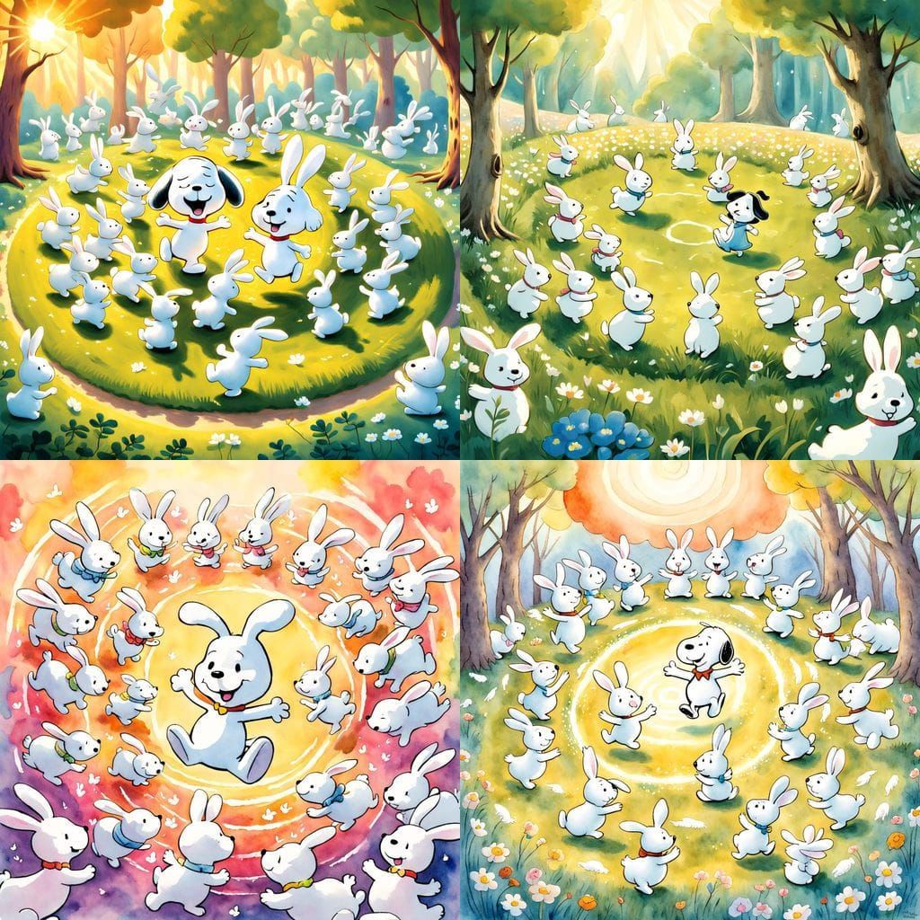 Snoopy Dancing in Whimsical White Rabbit Circle - AI Art