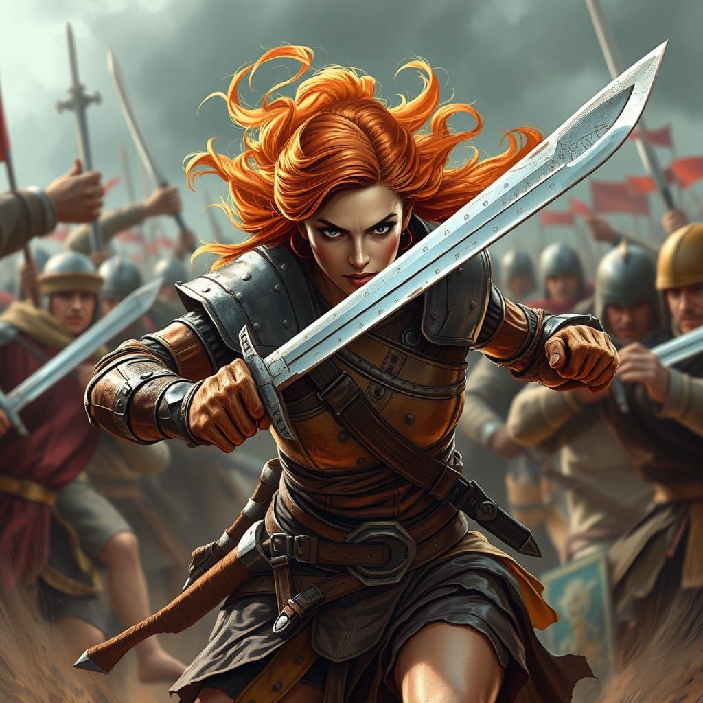 Medieval Warrior Lady in Epic Sword Fight - AI Art