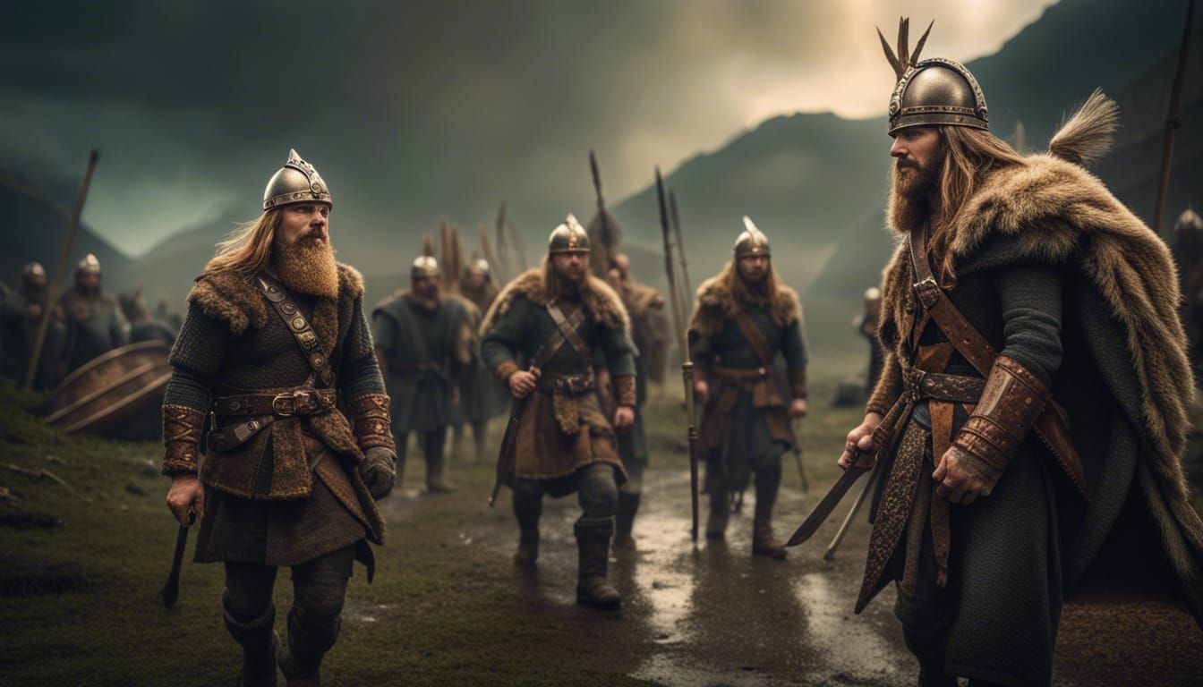 Worm's-eye view of Fierce Norse Vikings raiding a Nordic village ...