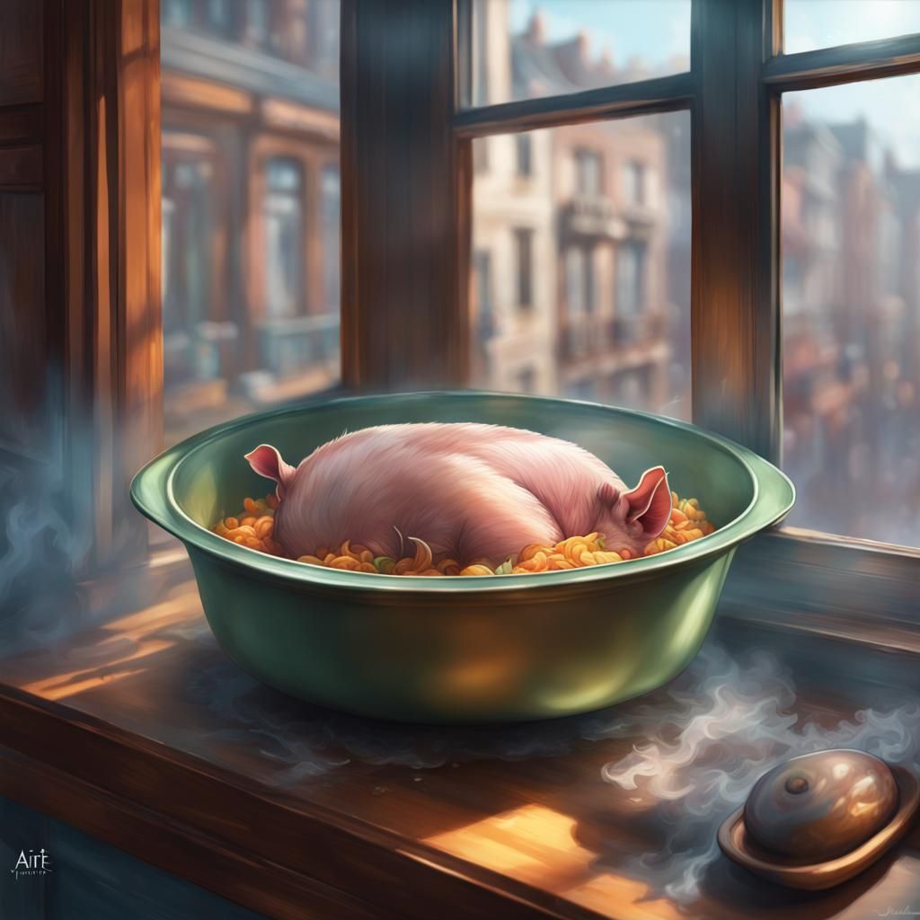 A steaming hot pig clam pie cooling on the windowsill. - AI Generated ...