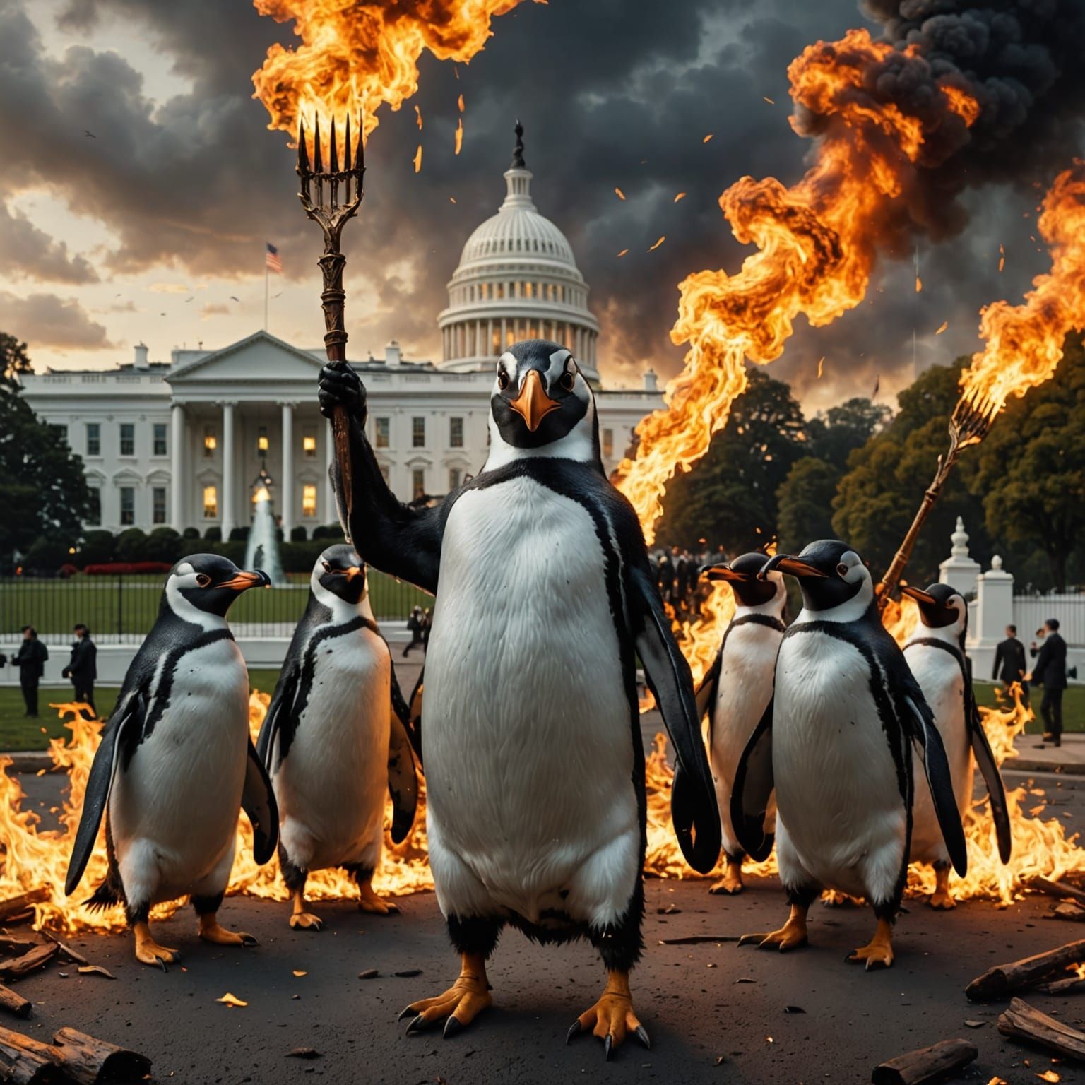 Angry Penguins with Fiery Pitchforks Outside the W... - AI Art