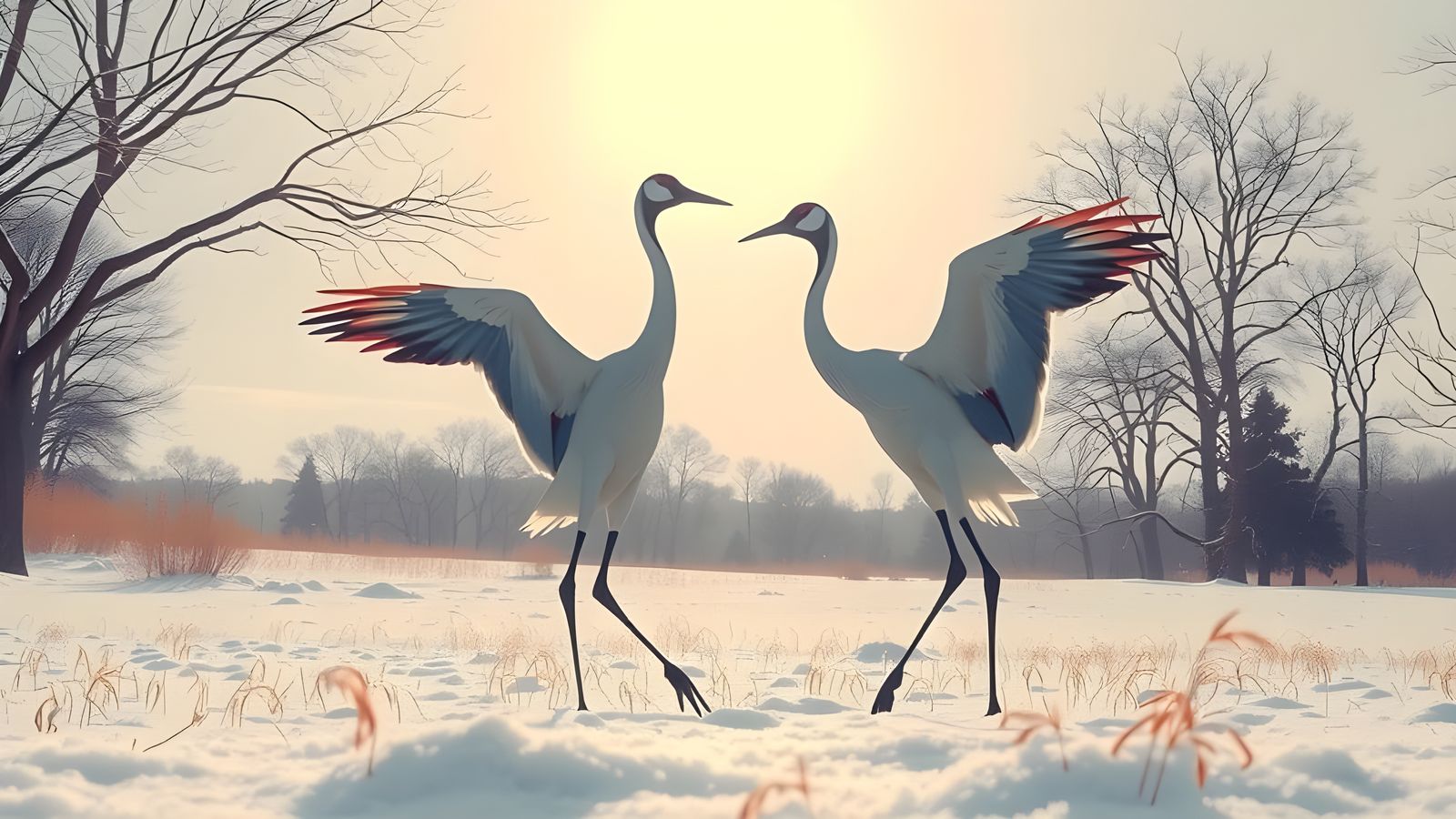 Two red-crowned cranes dance their marriage dance.