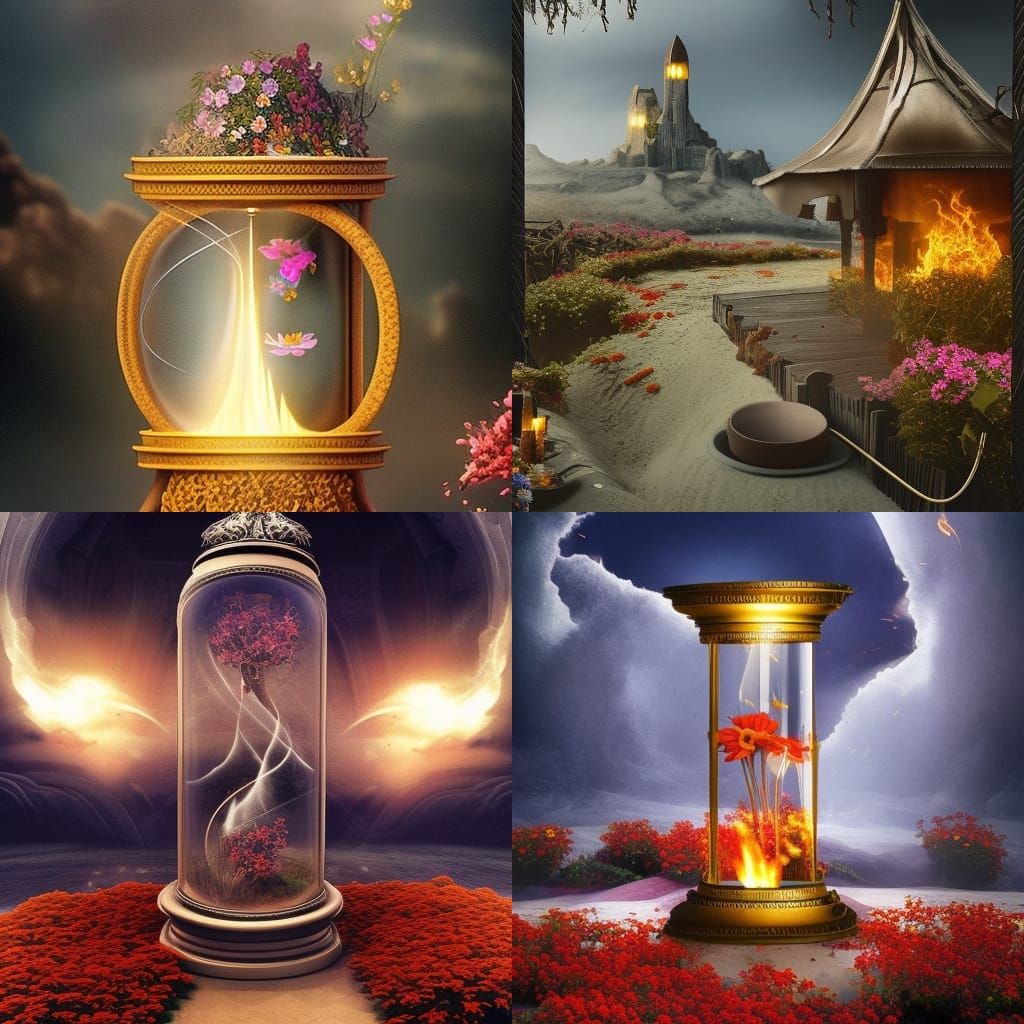 sandglass which works with fire and flowers - AI Generated Artwork ...
