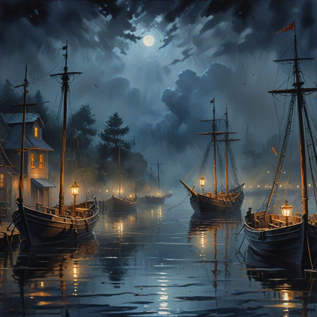 A port shrouded in rain and mist. - Port Shrouded in Rain a...