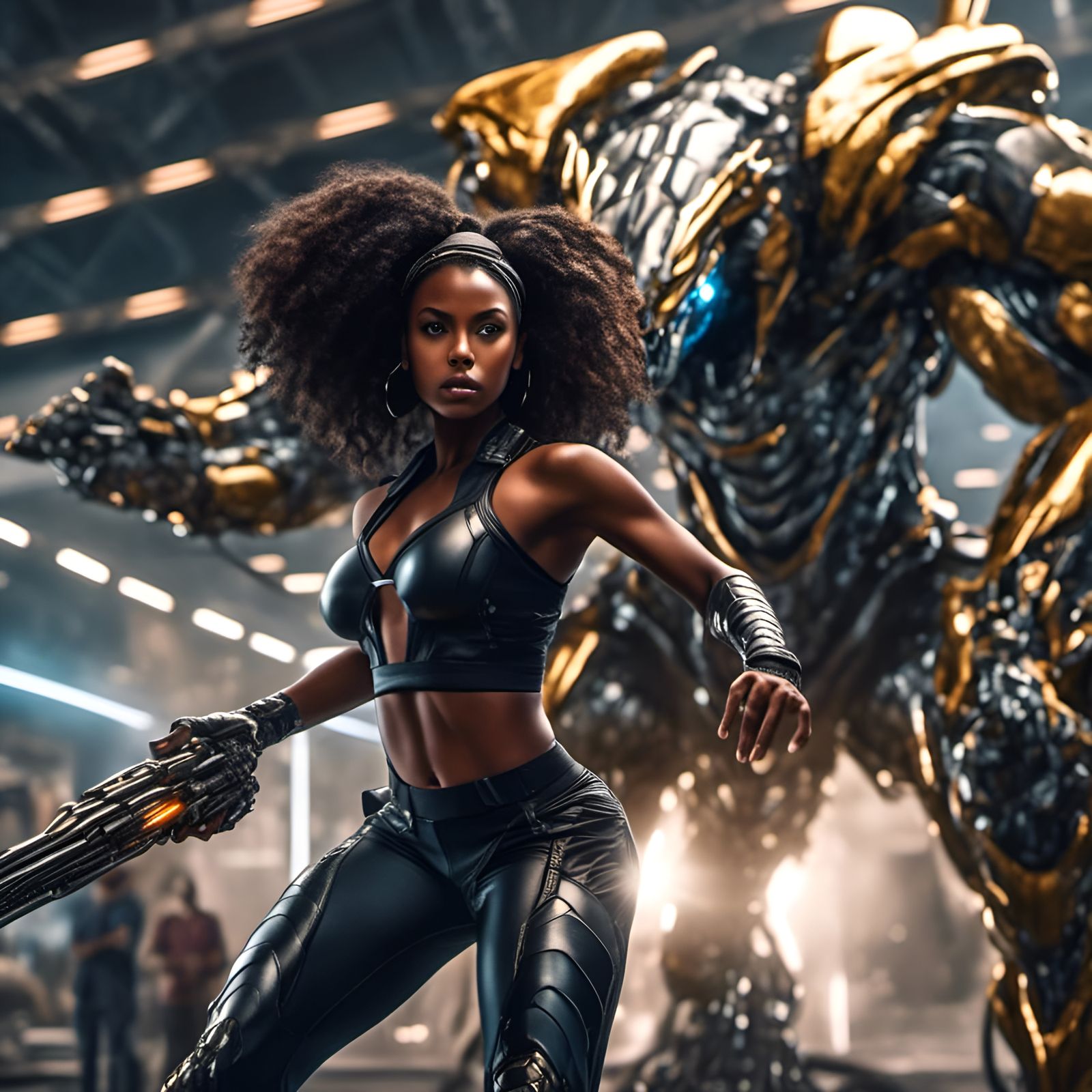 Android women with hand cannon. With giant robot companion. - AI ...