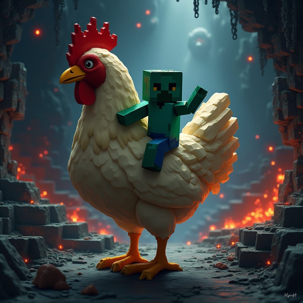 Gritty Minecraft Chicken Jockey Album Cover in Pix... - AI Art