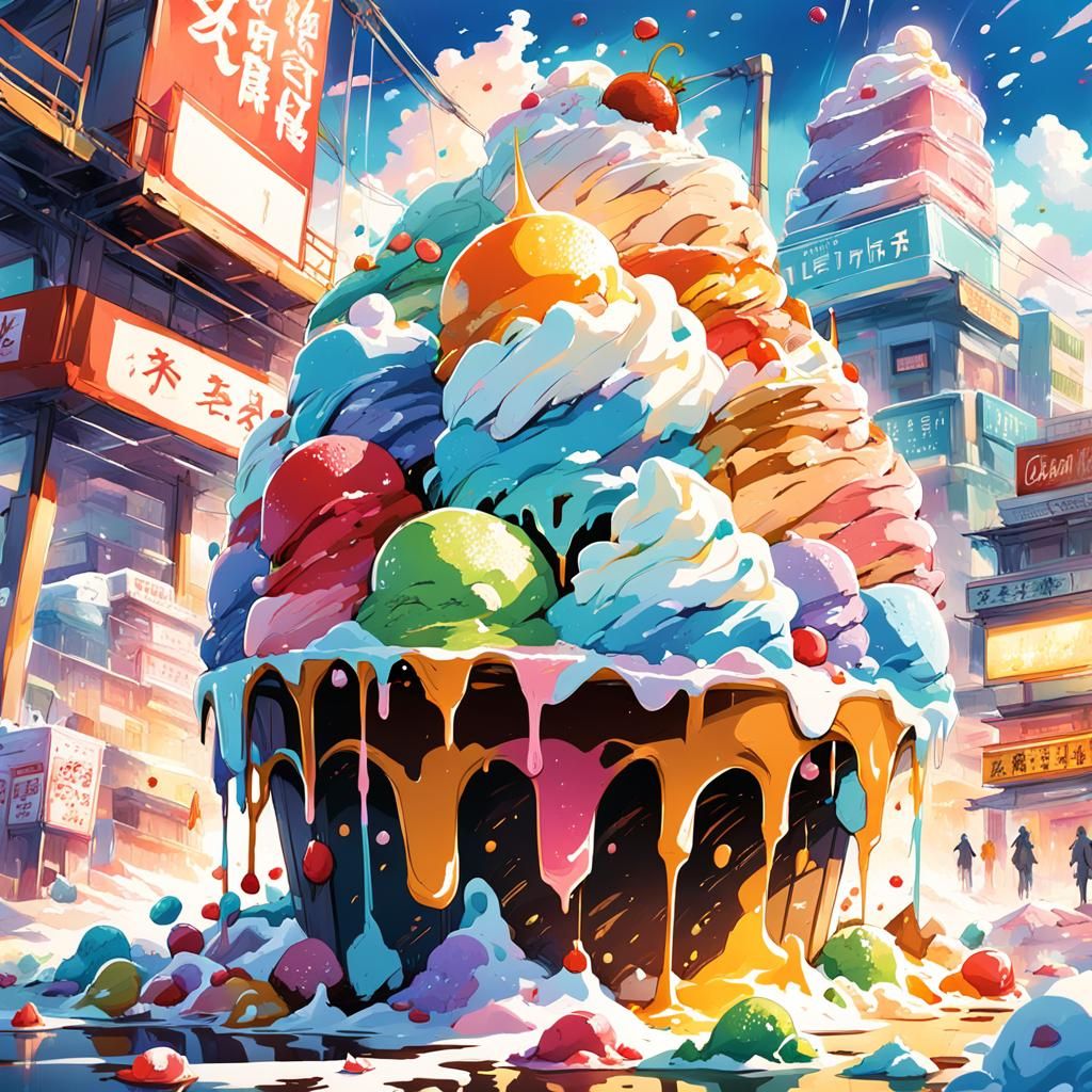 Giant ice cream mountain, Anime Key Visual, by Makoto Shinkai, Deep ...