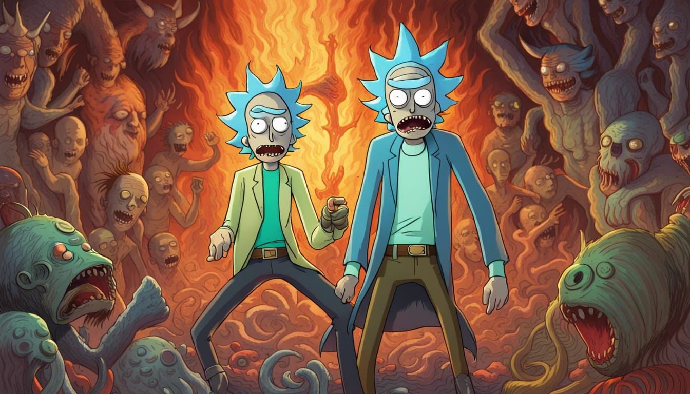 Rick and morty fight Demons, hell, drunks, psychology, crazy - AI ...