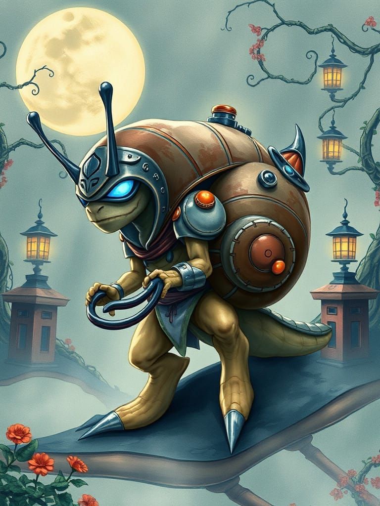 Miyazaki-Inspired Ninja Snail in Japanese Garden - AI Art