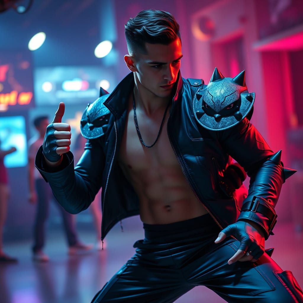 A 20 year old guy wearing a Men's Dance Club Outfit based on Tyranitar (Pokemon)