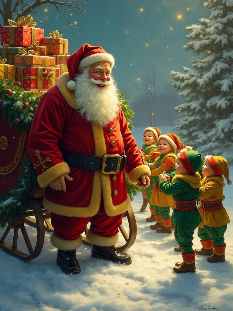 Jolly Father Christmas and his elves loading up hi... - AI Art