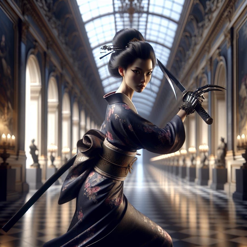 The image shows a Beautiful and elegant Geisha Ninja with sharp ...