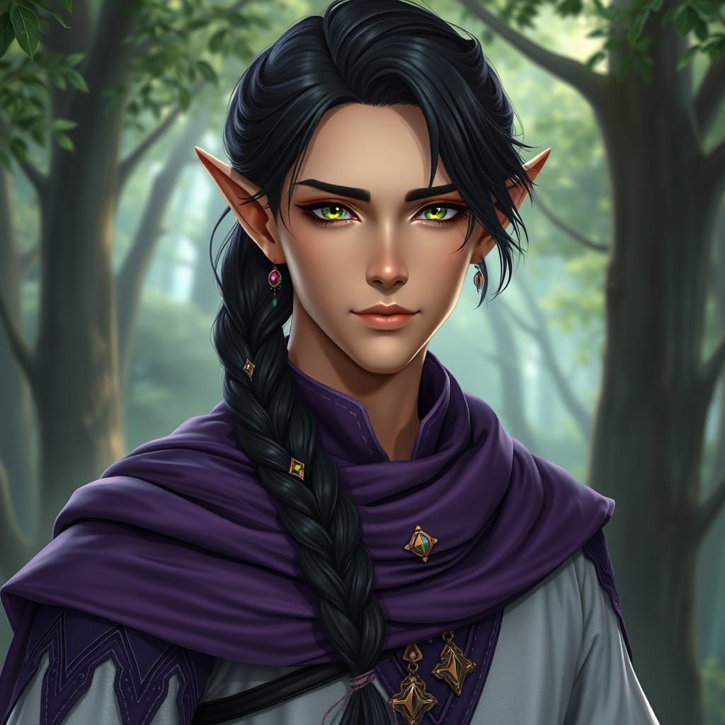 Elegant Male Elf in Enchanted Fey Grove - AI Art