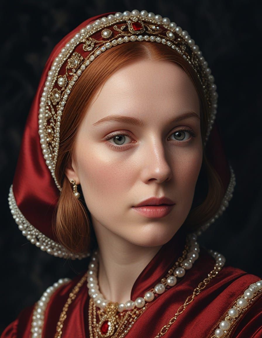 Hyperrealistic 8k photo portrait of young teenage beauty Catherine Howard, wearing red gown ...