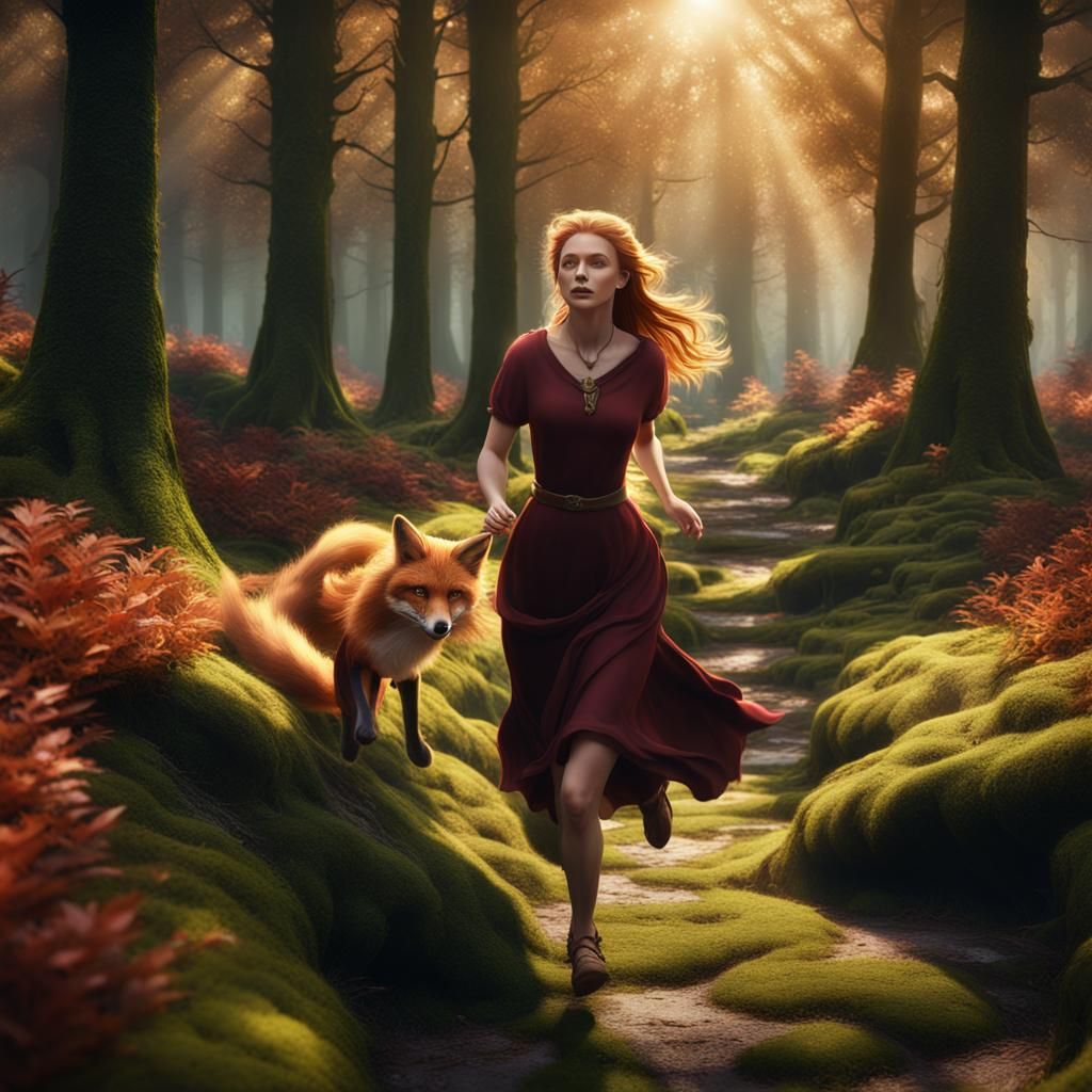 Fantasy forrest, green leaves, path, strawberry blonde girl in flowy ...