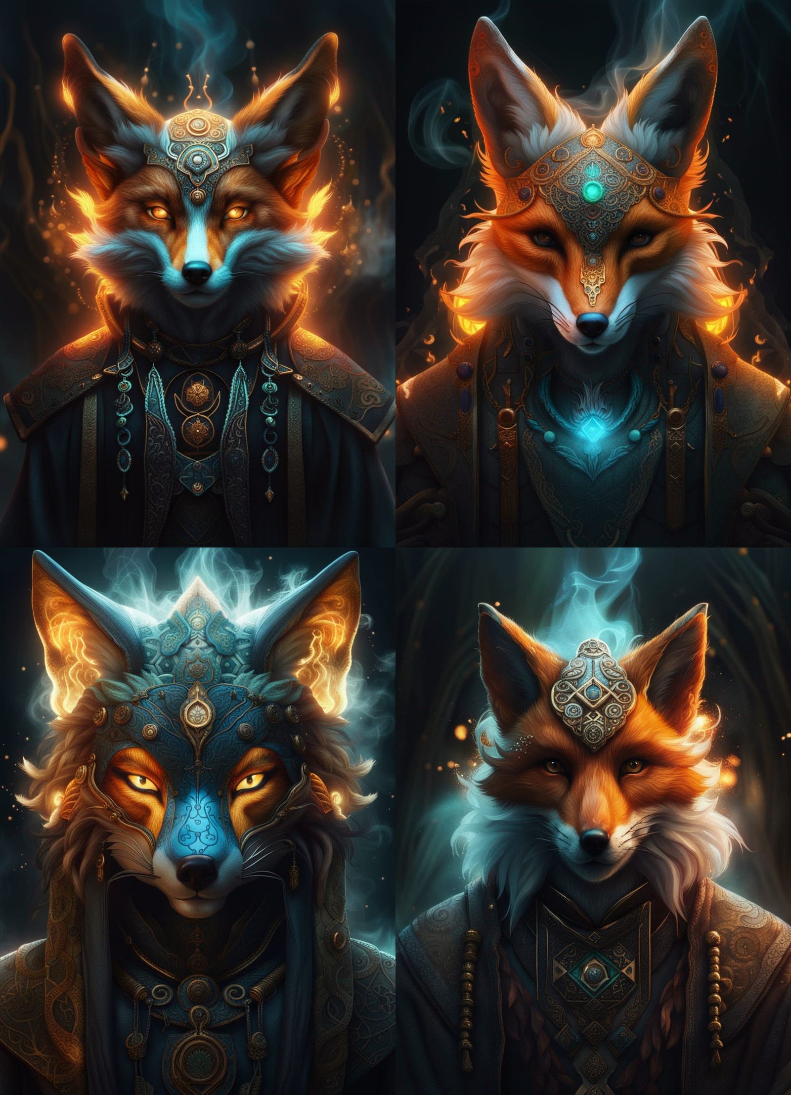 humanoid fox face wearing ornate runic robes with ethereal smoke ...