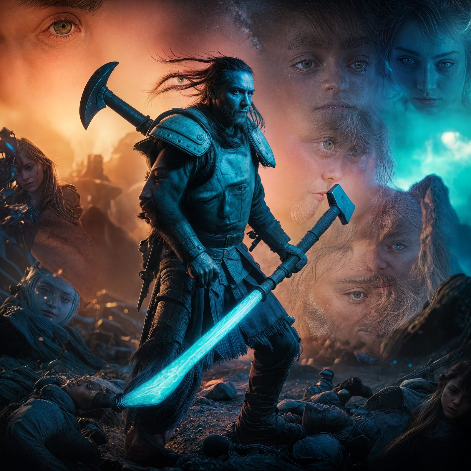 Epic Sci-Fi Warrior Battles Blue Zombies in Cinema... - AI Art