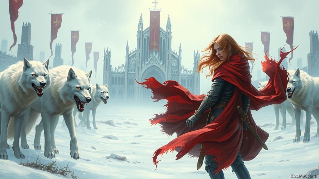 Warrior Defies Wolves in Haunting Snowy Landscape - AI Art