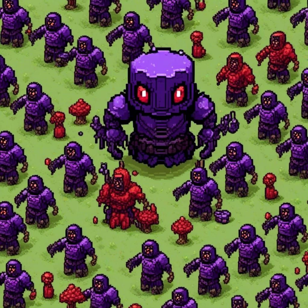 A purple head with red eyes dripping black ooze with two purple ...