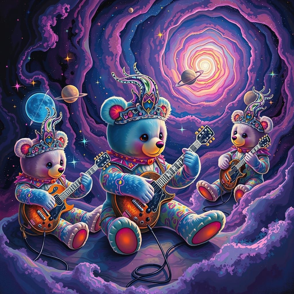 Psychedelic Teddy Bears Rock Out in Vibrant Galaxy - AI Art