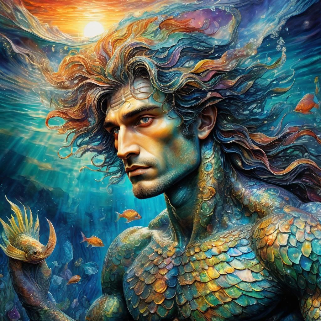 The Merman a Portrait - Surreal Watercolor Merman Emerge fro...