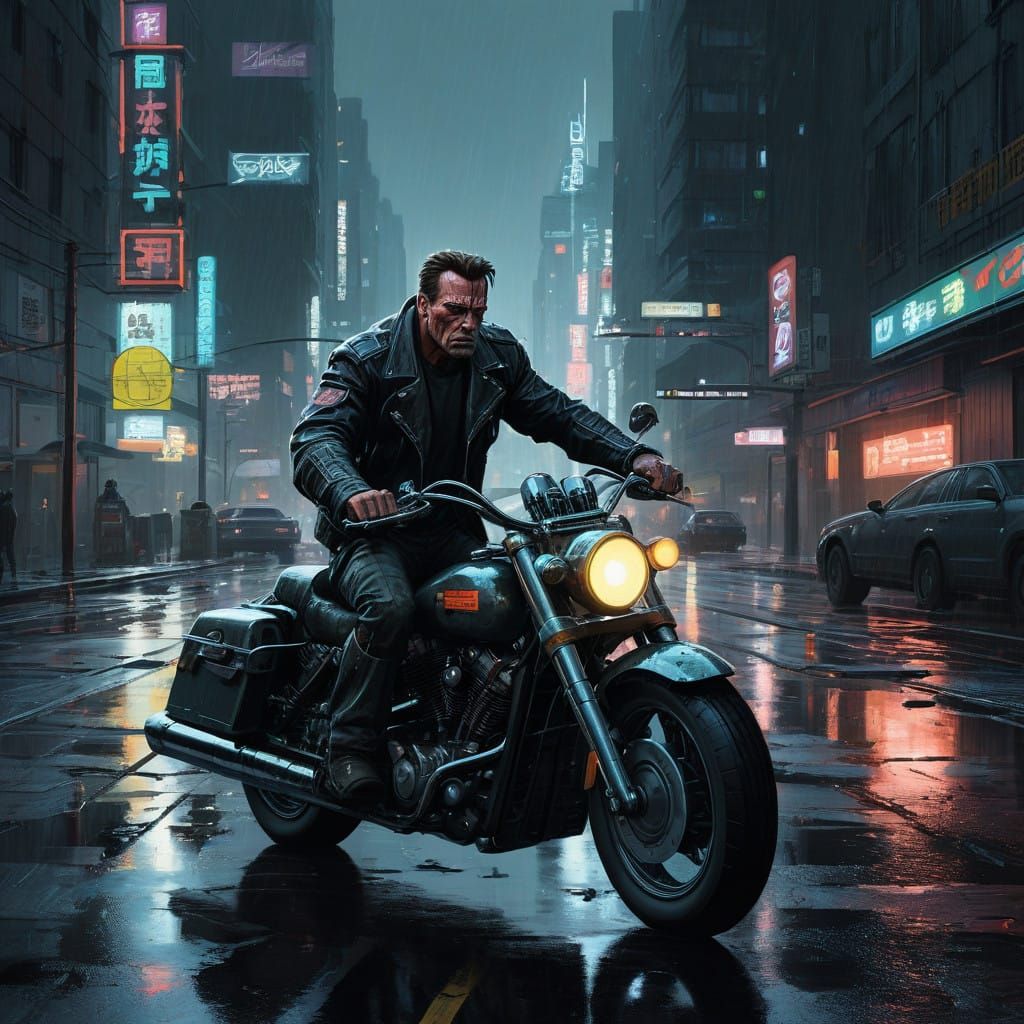 Metallic Terminator Rides a Cyberpunk Harley-David... - AI Art