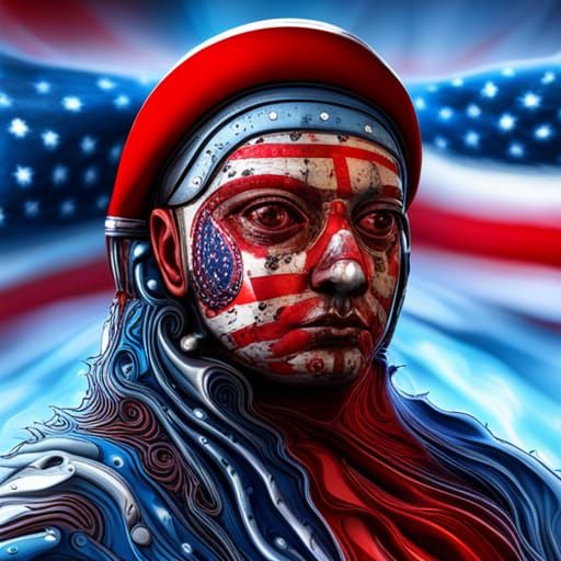 Creepy psychedelic cyborg steampunk, USA flag, red white blue flag ...