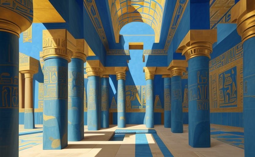 Egyptian Pharaoh in Vibrant Blue Cubist Temple - AI Art