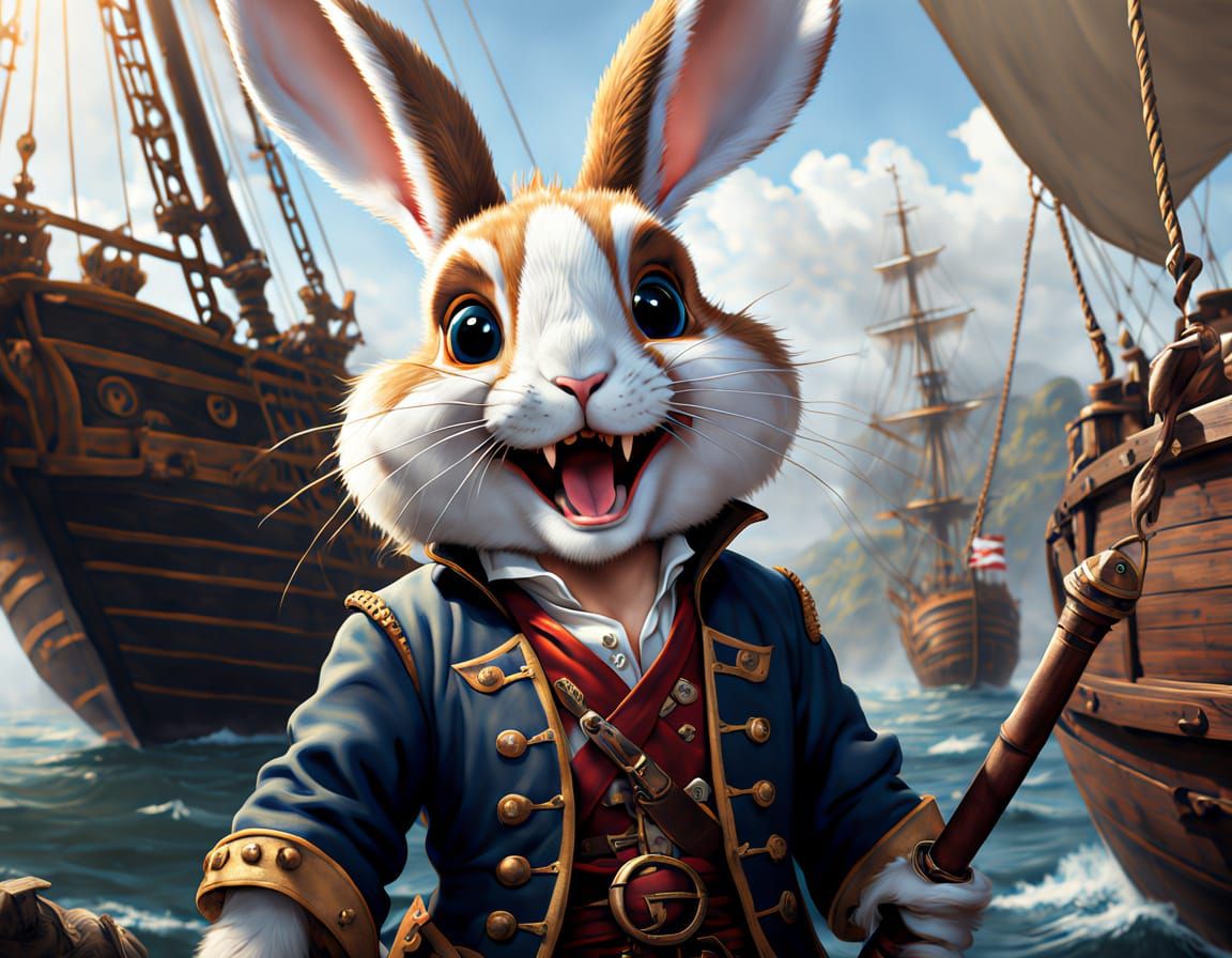 Pirate bunny - Playful Pirate Rabbit on a Galeon, Digital Il...