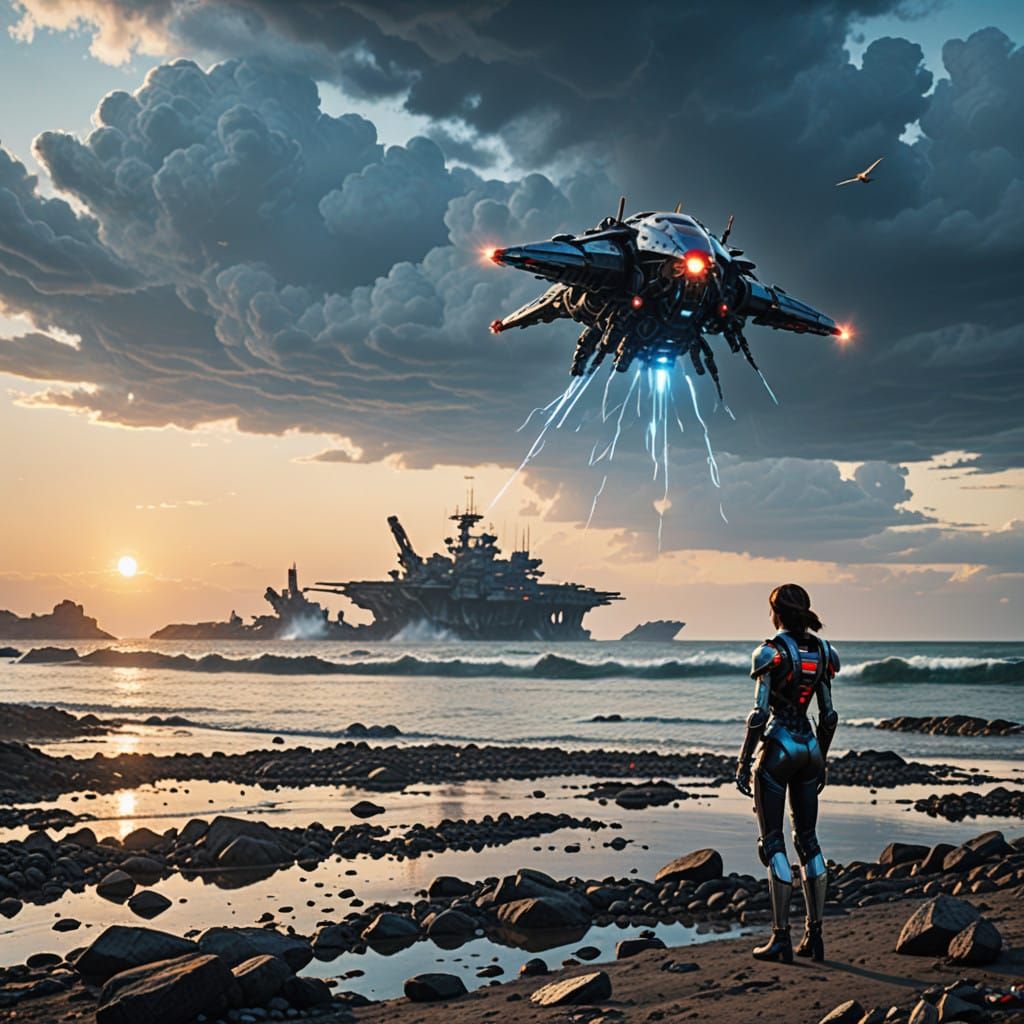 Cyborg Fembot Inspect Alien Ship Wreckage in Futur... - AI Art