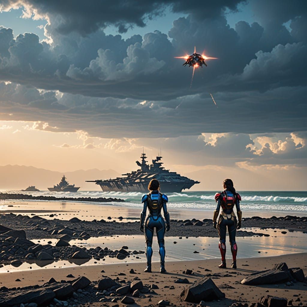 Cyborg Scientists Inspect Alien Ship Wreckage on B... - AI Art