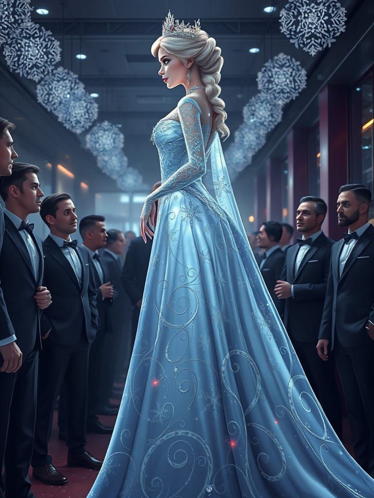 side view from top to bottom. Frozen ice queen in long regal gown and glistening jewels, made of ...