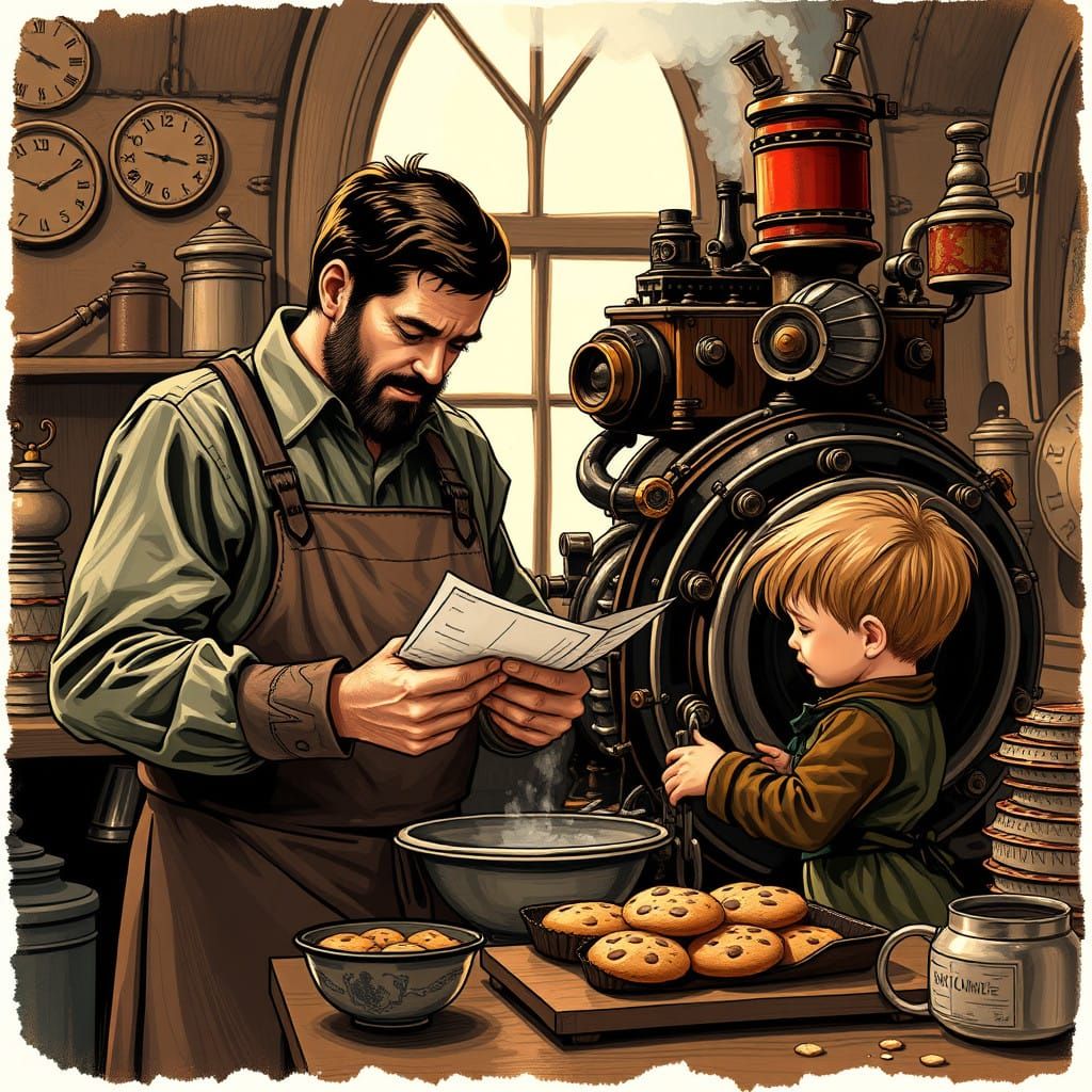 Courageous Father Manages Taxes as Children Create... - AI Art