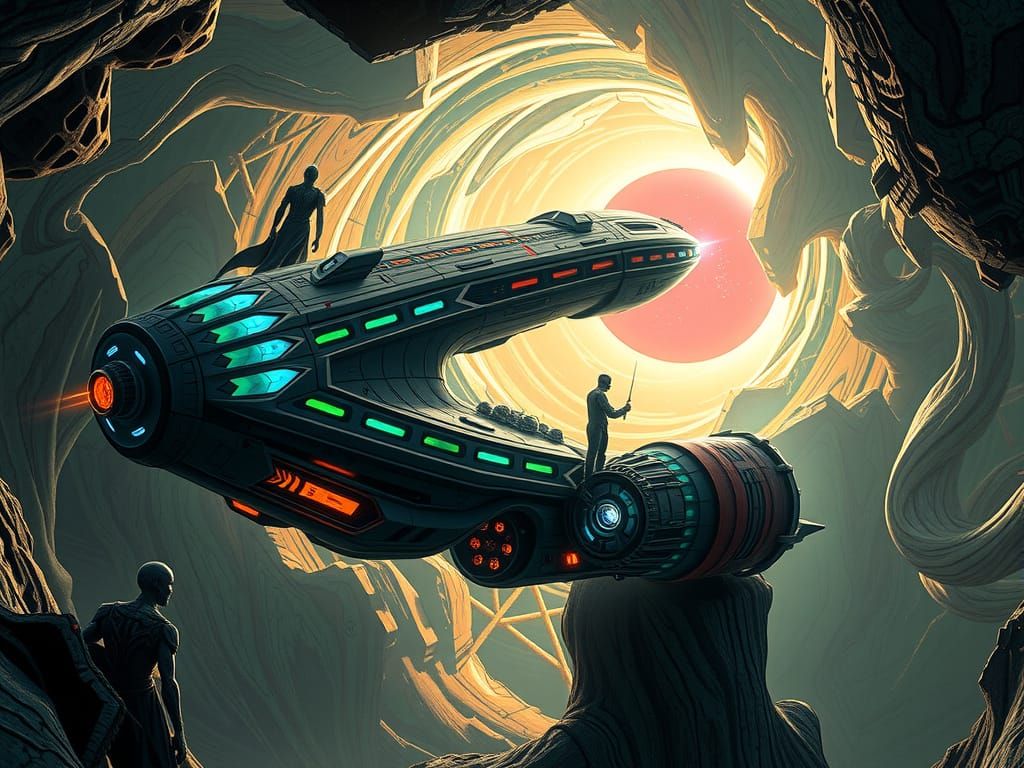 Cosmic Vessel at Wormhole's Edge in Futuristic Ali... - AI Art