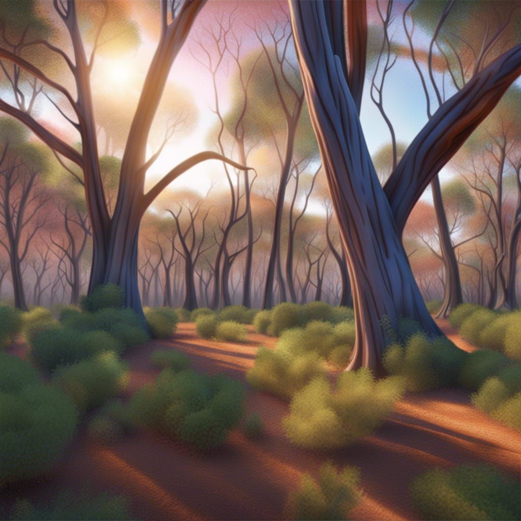 Gumtree forest, realistic, late afternoon, tall trunks, dance of light ...