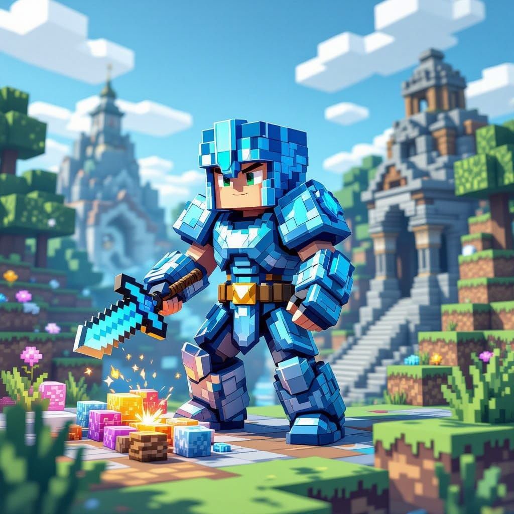 Minecraft Player Mining Blocks in a Pixelated Worl... - AI Art