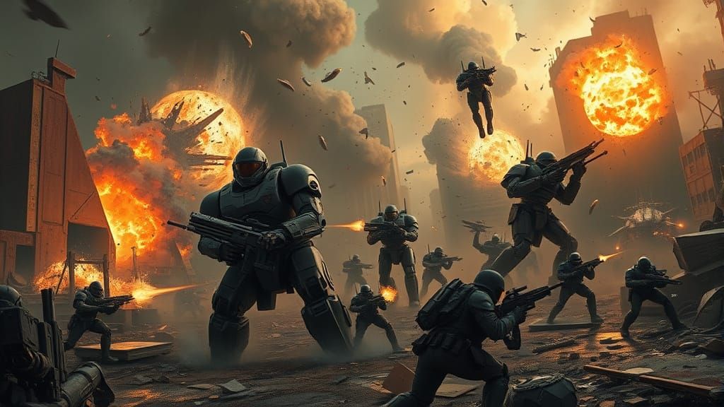 Gritty Sci-Fi War Scene in Industrial Landscape - AI Art