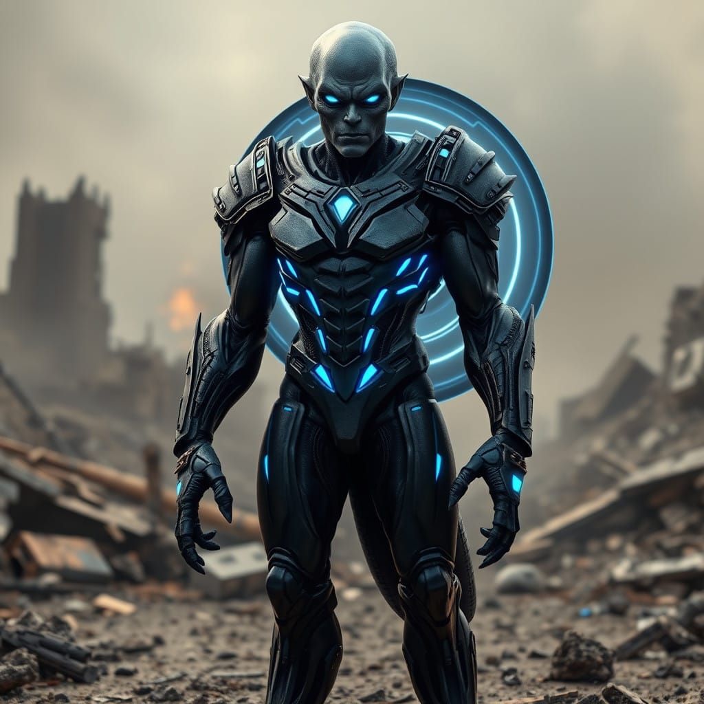 Cybernetic Alien Warlord in Dark Metallic Armor - AI Art