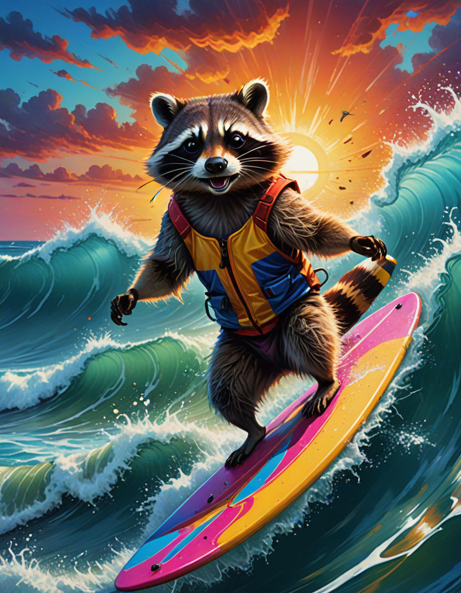 Raccoon is using magic to make surfing waves bigger