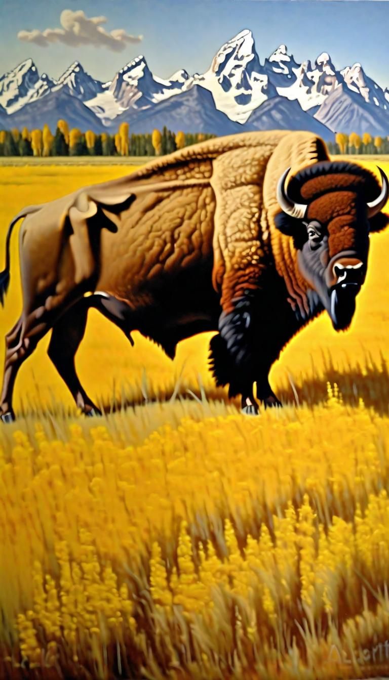 An American bison, yellow field of grass, Grand Tetons in distance ...