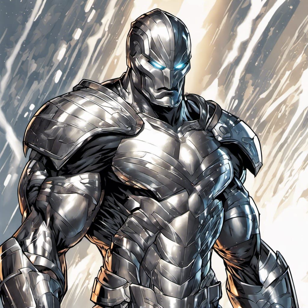 Silver armor, high tech, superhero, male, buff, sleek, glow, hammer ...