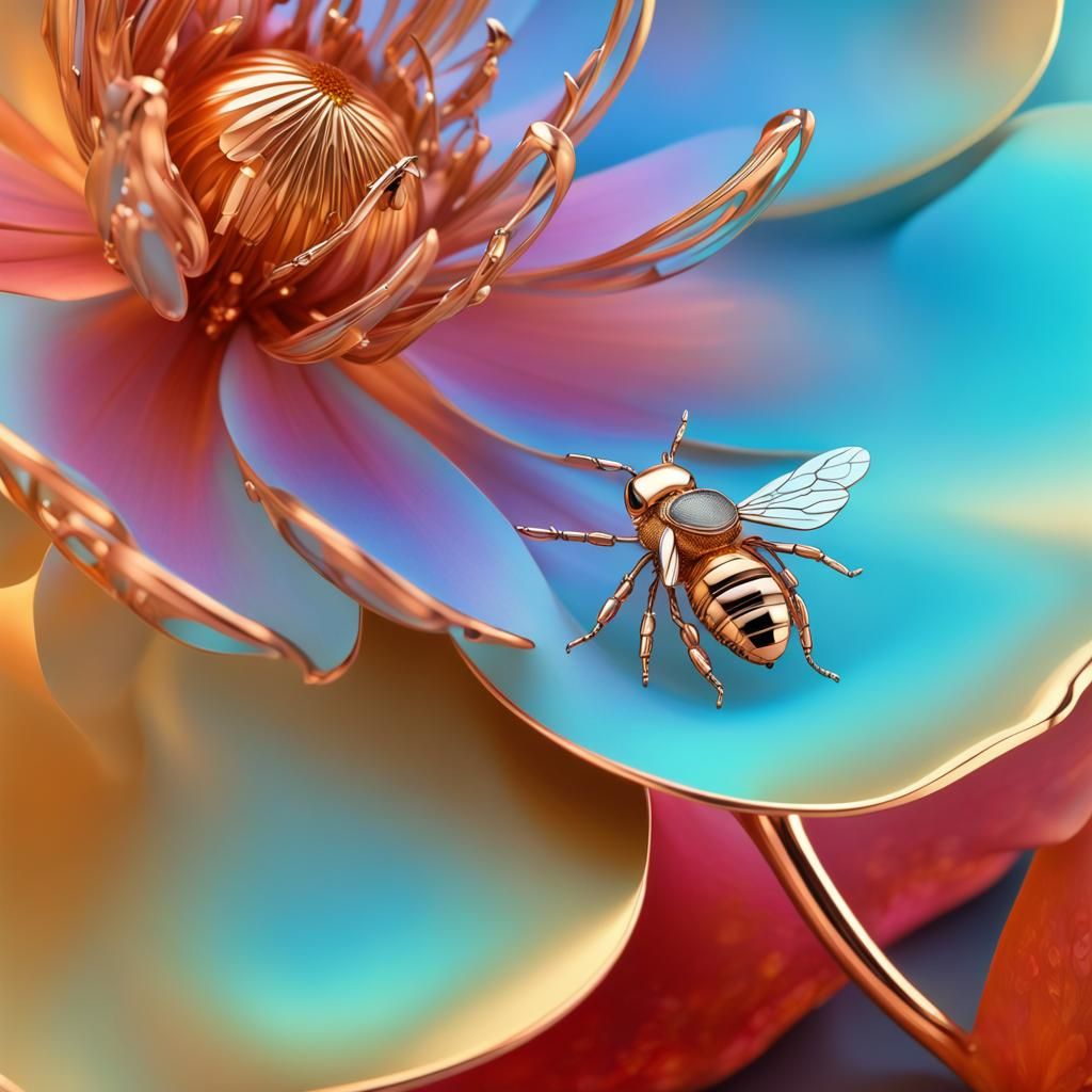 (A bee on petal) + Futuristic rose gold Metallic flower oxygen ...