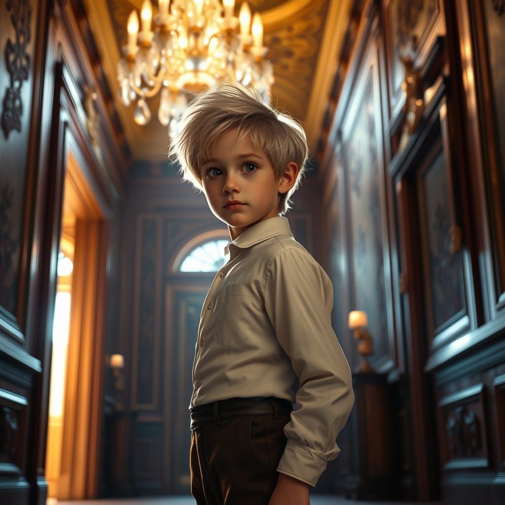 Confident Victorian Youth Shines in Grand Hallway - AI Art