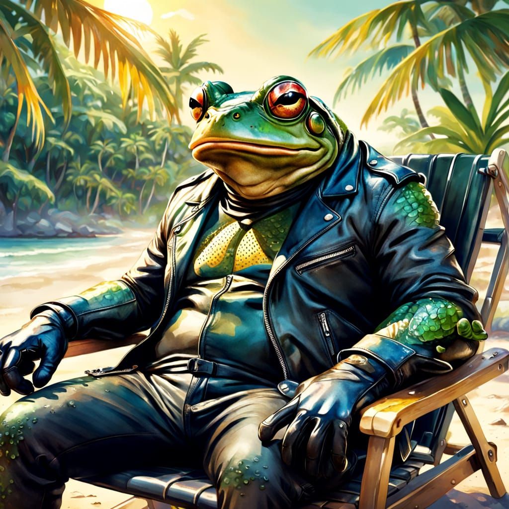 Bullfrog Biker on Tropical Beach in Comic Art - AI Art