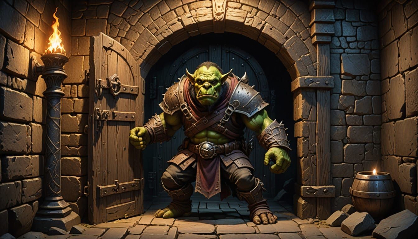 orc thief in an ancient dungeon opening heavy wood... - AI Art