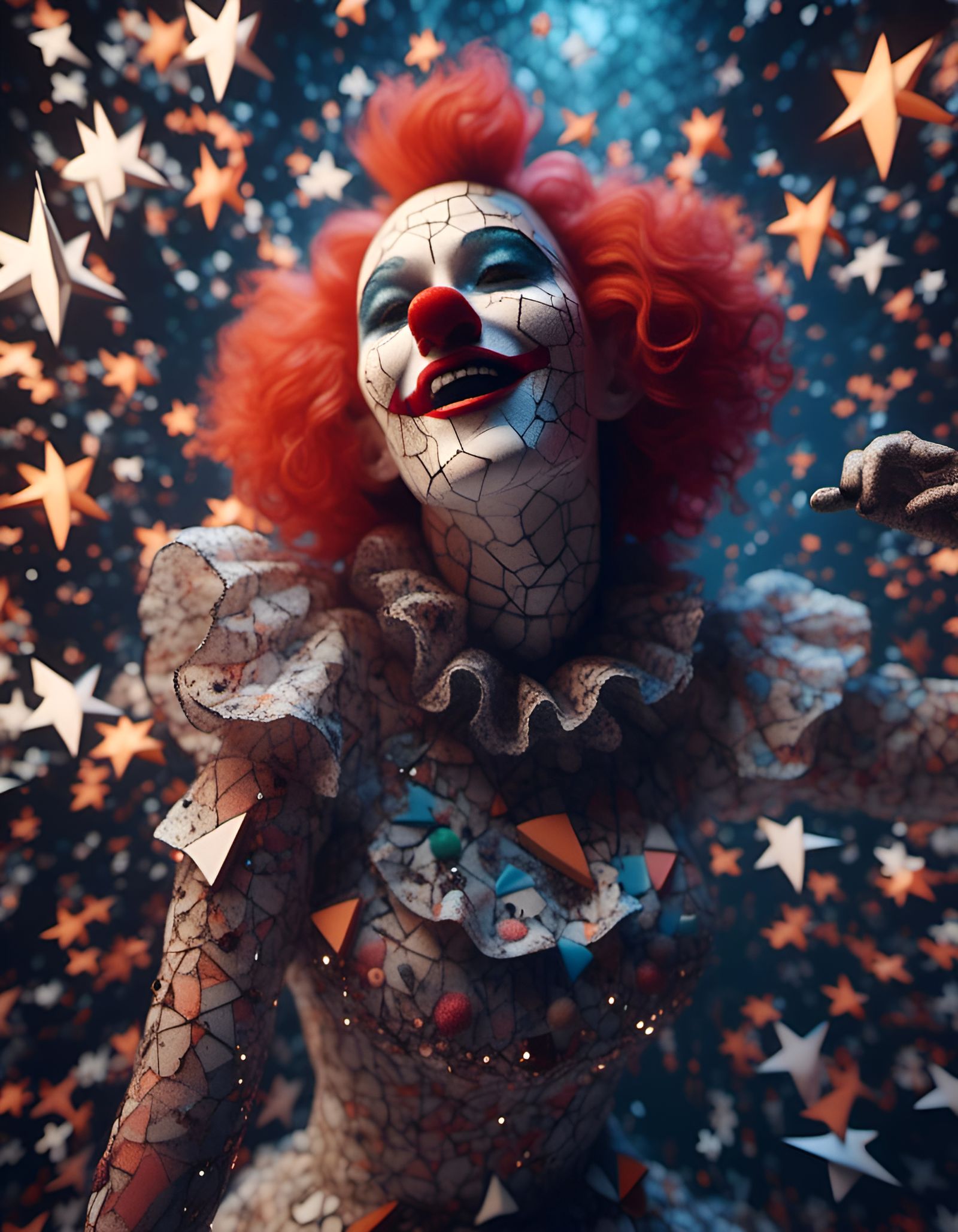 Evelyn: a Clown Glides Among the Stars, shattered geometric abstract ...